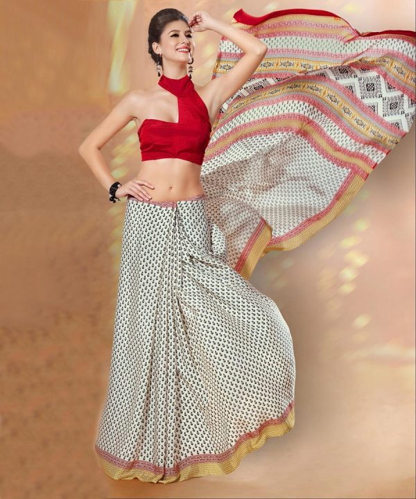 Off White and Red Resham Silk Saree - Style India